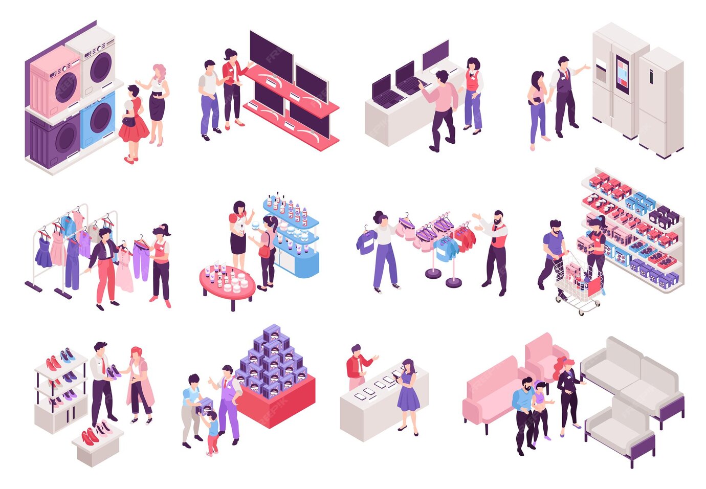 Free Vector Isometric Shop Assistant Set With Sellers Helping Customers In Various Stores