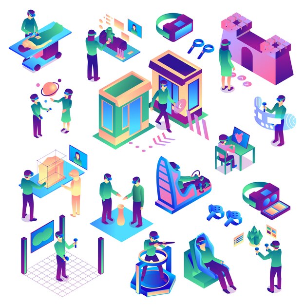 Free Vector | Virtual reality color set of people connected to virtual ... Free Vector | Virtual reality color set of people connected to virtual ...