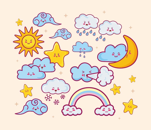 Premium Vector Cute Weather Character Clouds Sun Rainbow And Moon