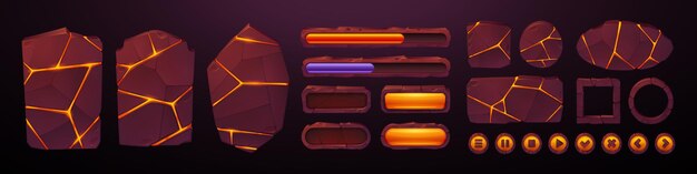 용암 돌 Ui 게임 프레임 및 화산 버튼 벡터 Gui 앱 인터페이스를 위한 마그마 텍스처와 화재가 있는 화산 폭발 보드 빈 로드 및 진행률 표시줄 균열이 있는 격리된 록