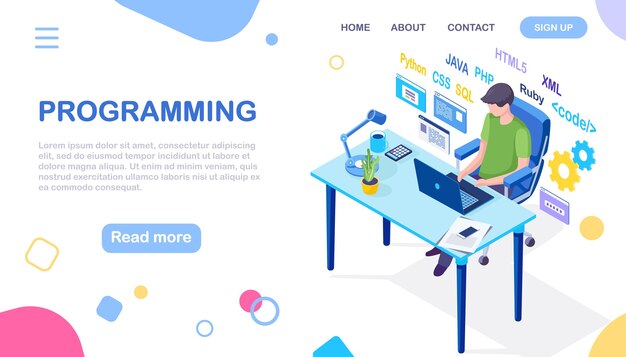 Premium Vector Programming Coding Programmer Sitting At Desk And Working Office Table With