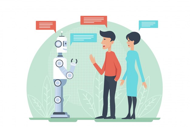Premium Vector | Woman talking to robot. conversation between woman and ... Premium Vector | Woman talking to robot. conversation between woman and ...