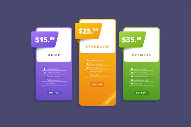 Premium Vector | Modern colorful pricing table template Premium Vector | Modern colorful pricing table template