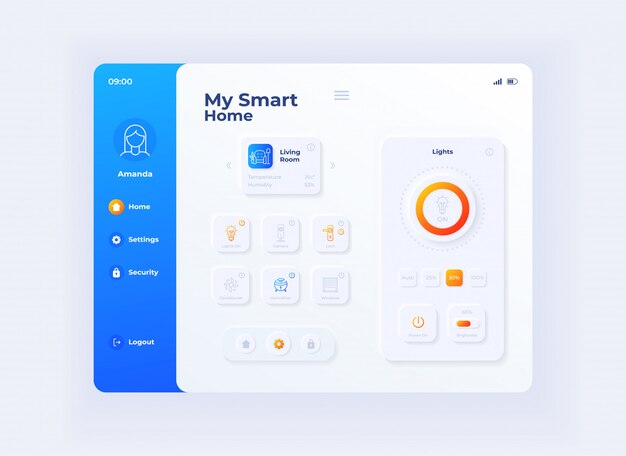 스마트 홈 앱 화면 벡터 적응형 디자인 템플릿입니다 플랫 문자가 있는 Iot 애플리케이션 데이 모드 인터페이스 가정용 장비 원격 관리 스마트폰 태블릿 스마트 시계