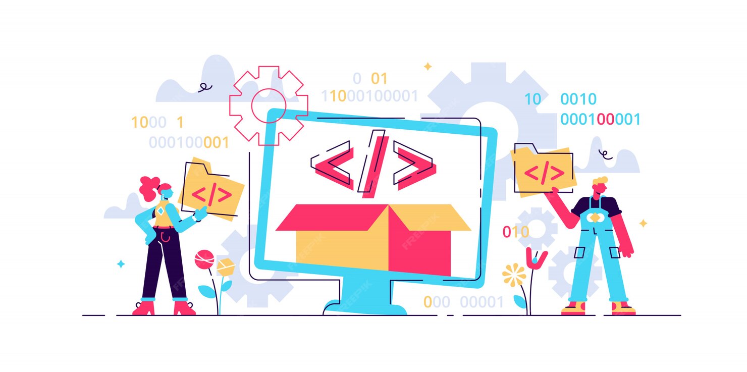 Premium Vector | Open source illustration. tiny programming language persons concept. developer ...