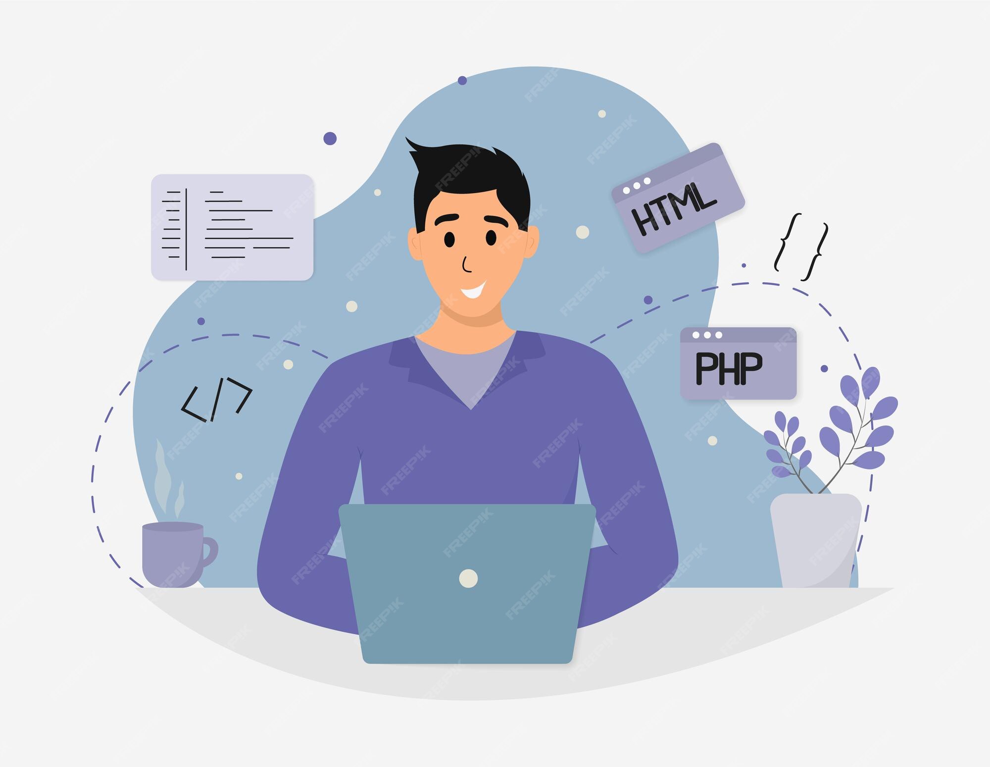 Premium Vector | Php web development. programming. the man behind the ...