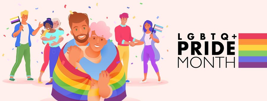 Premium Vector | Pride month vector banner with diverse people showing ... Premium Vector | Pride month vector banner with diverse people showing ...