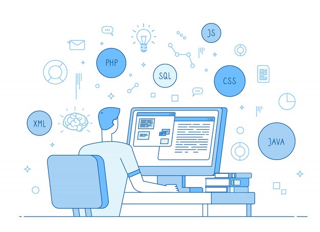 Premium Vector Programmer Coding Young Man Freelancer Working On Program Code With Laptop 
