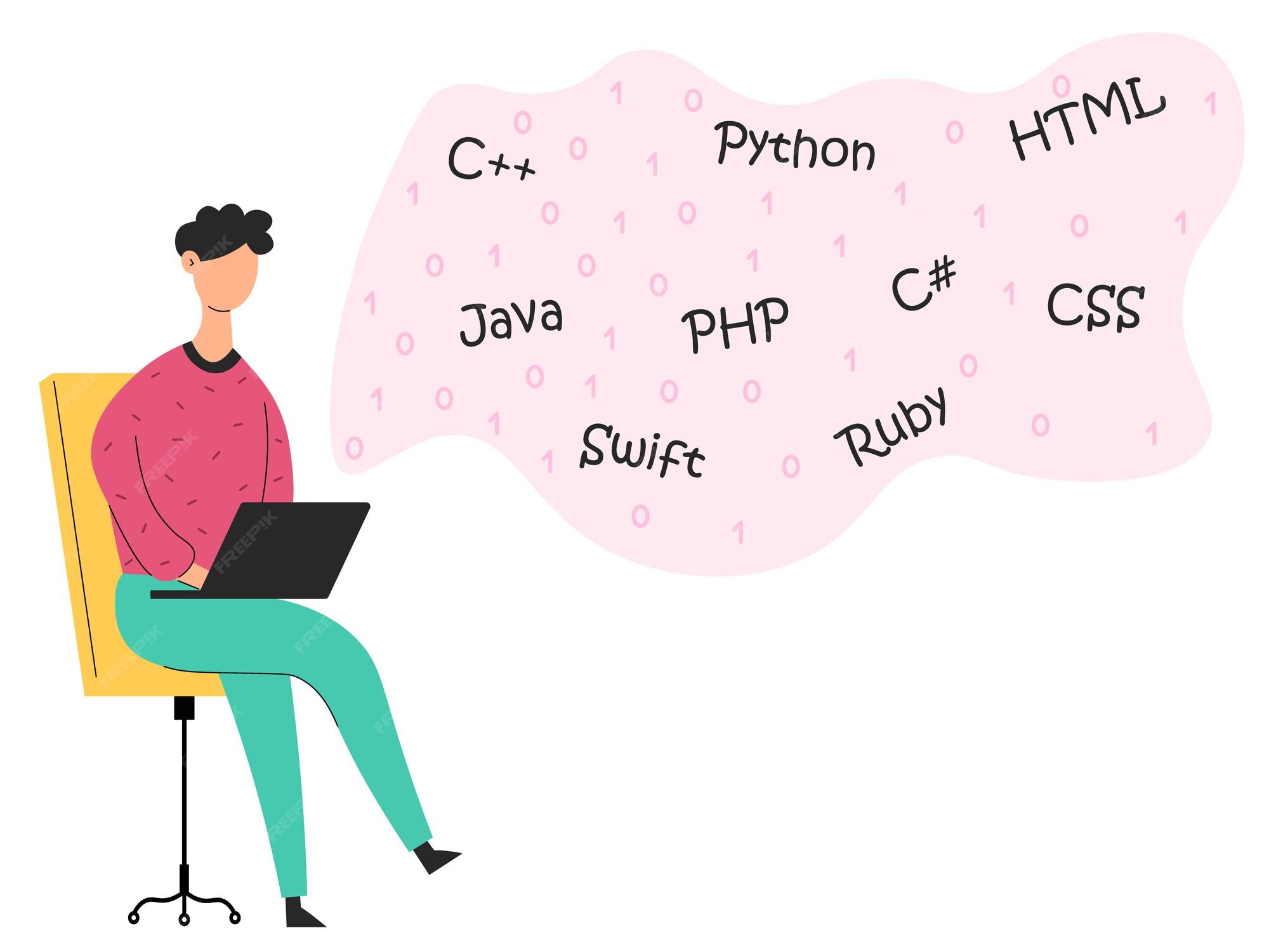 Premium Vector | Programmer sits on a chair programmer in flat design ...