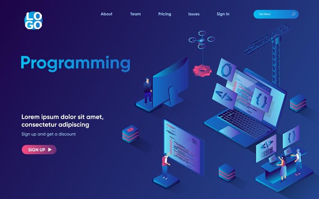 Premium Vector | App development isometric landing page vector template. Premium Vector | App development isometric landing page vector template.