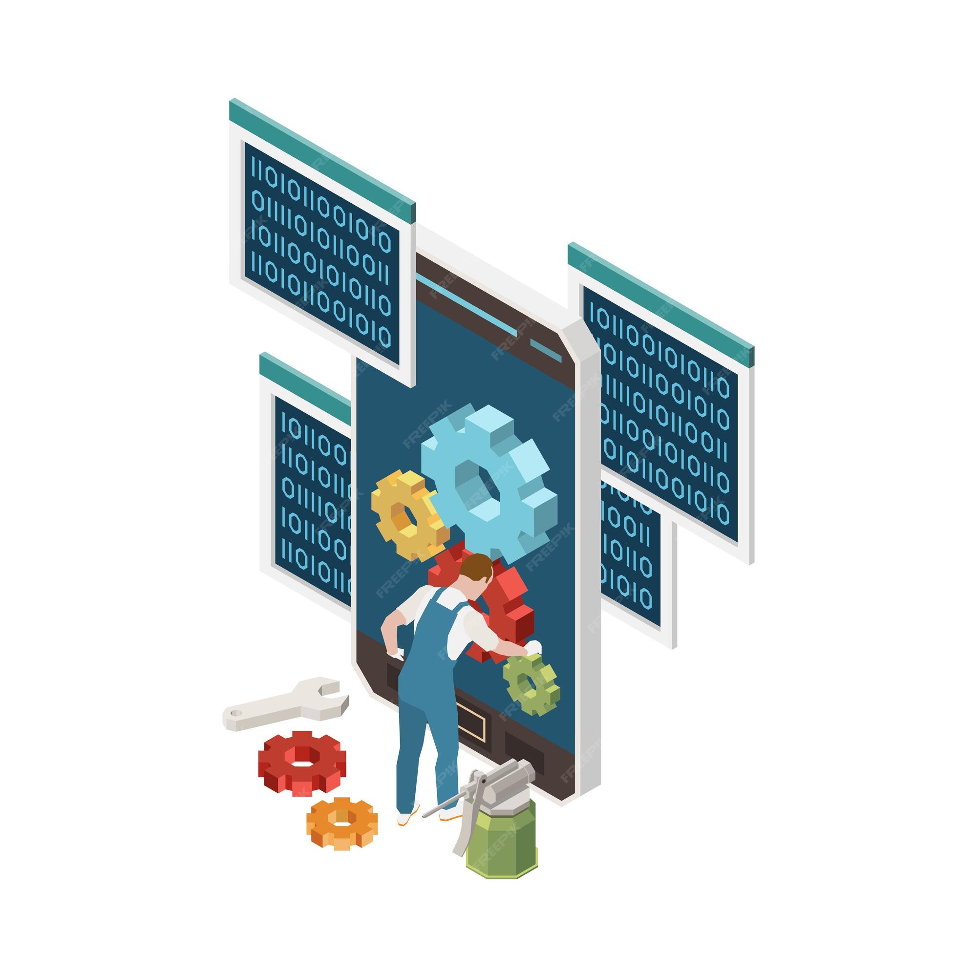 Premium Vector | Programming development isometric composition with character of worker touching ...