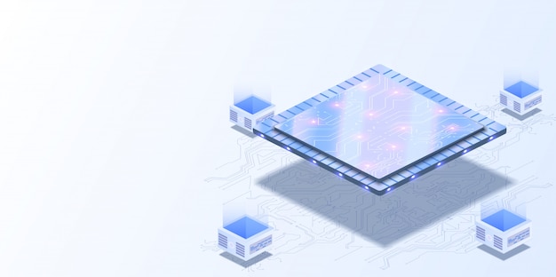 양자 컴퓨터 대규모 데이터 처리 서버 룸 데이터베이스 개념 미래의 Cpu 글로벌 컴퓨터 네트워크의 양자 프로세서 프리미엄 벡터