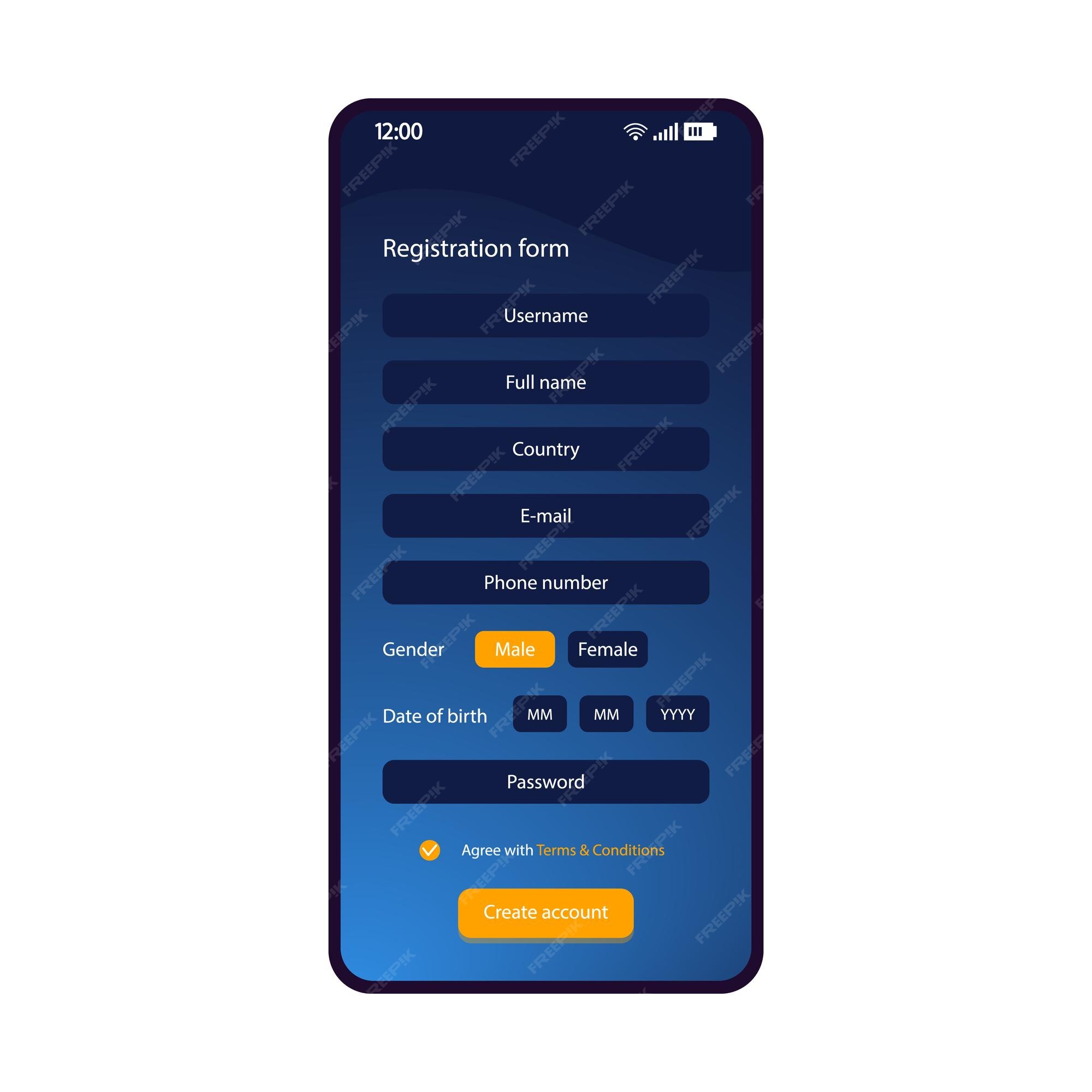 Premium Vector | Registration form smartphone interface vector template Premium Vector | Registration form smartphone interface vector template