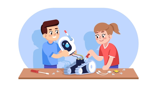 Premium Vector | Robotics course for children flat vector illustration Premium Vector | Robotics course for children flat vector illustration