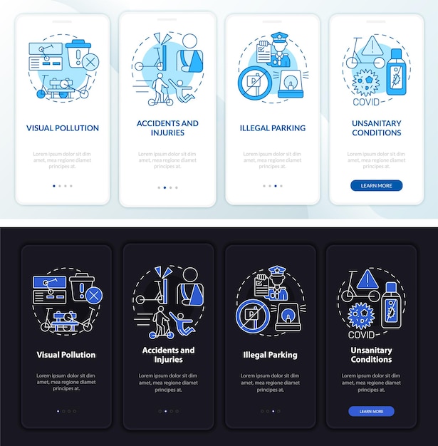 스쿠터 공유 문제 온보딩 모바일 앱 페이지 화면 부상 위험이 있는 연습은 개념이 포함된 4단계 그래픽 지침입니다 선형 야간 및 주간 모드 일러스트레이션이 있는 Ui