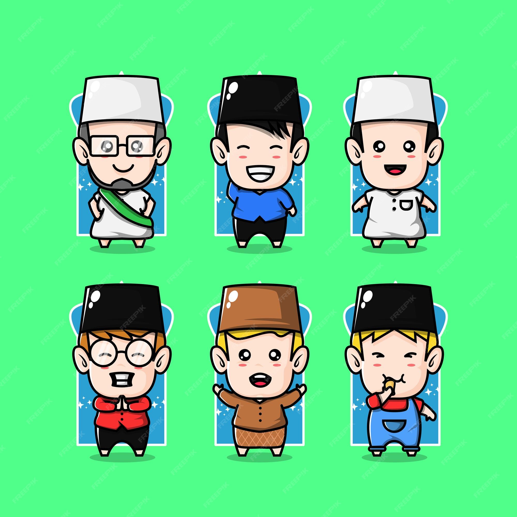 Premium Vector | Set bundle vector cartoon muslim male character Premium Vector | Set bundle vector cartoon muslim male character