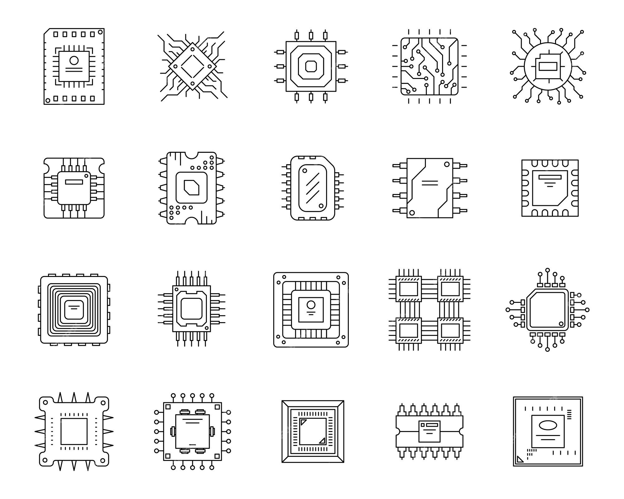 Premium Vector Set Of Microchip Icons Black Thin Line Microprocessor Chip Linear Cpu Processor