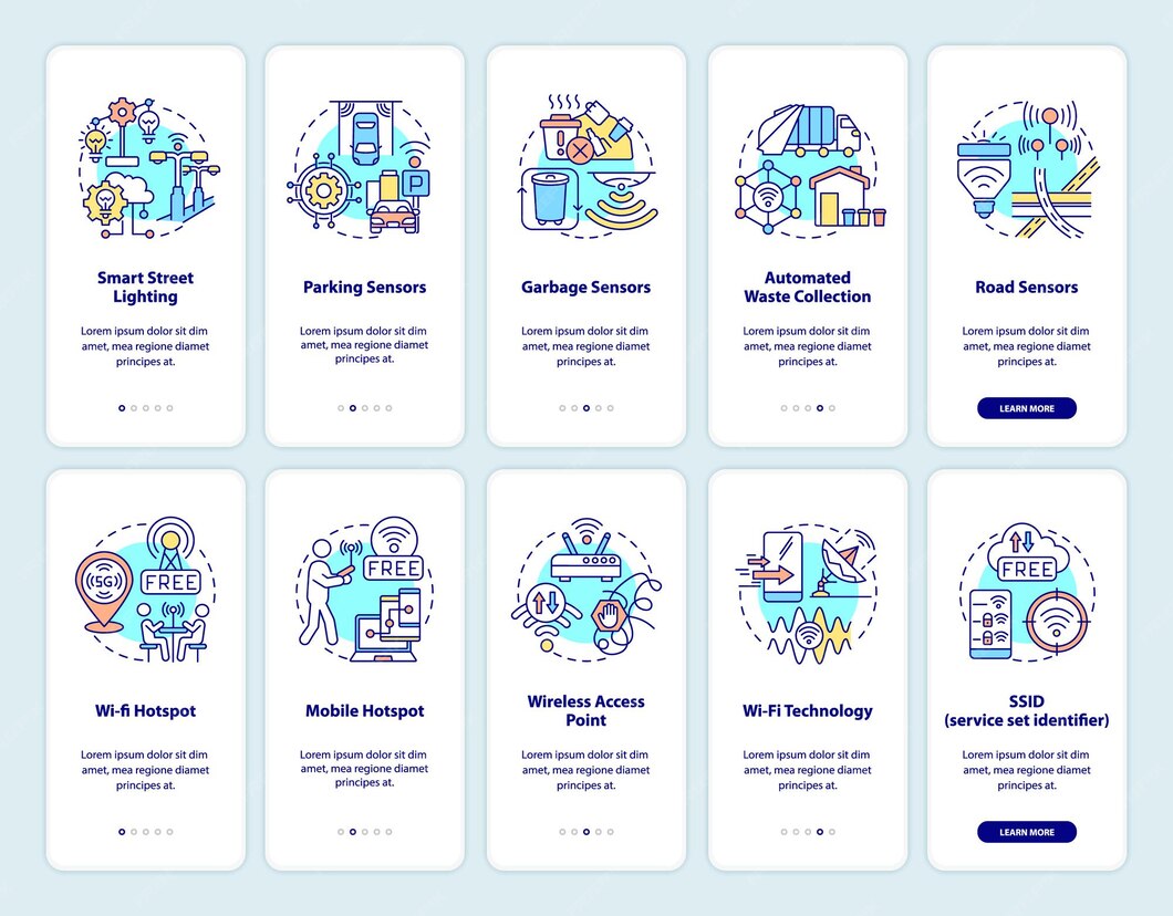 스마트 시티 기술 온보딩 모바일 앱 페이지 화면 세트 스마트 제어 시스템 연습 개념이 포함된 5단계 그래픽 지침 선형 컬러 일러스트레이션이 있는 Ui Ux Gui