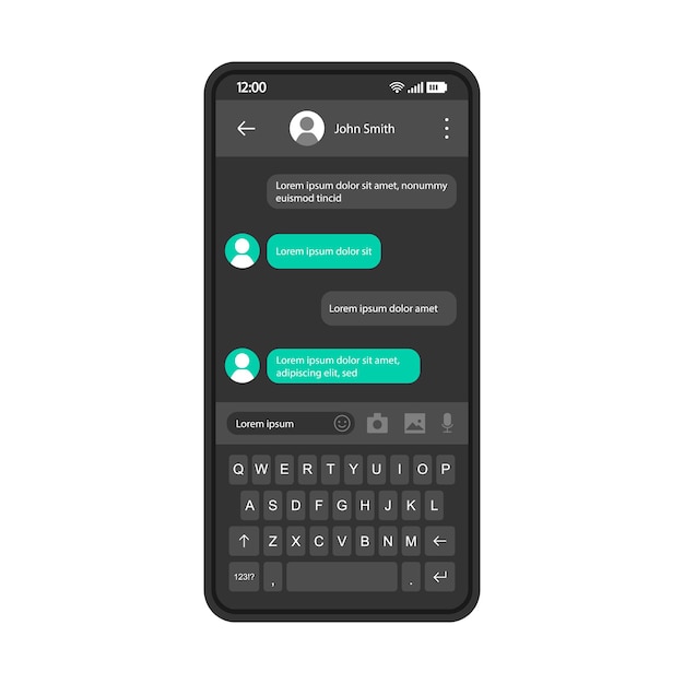 스마트폰 채팅 인터페이스 벡터 템플릿 모바일 앱 인터페이스 디자인 레이아웃 Sms 메신저 메시지 응용 프로그램을 위한 평면 Ui 소셜 미디어 대화 대화 연설 거품이 있는