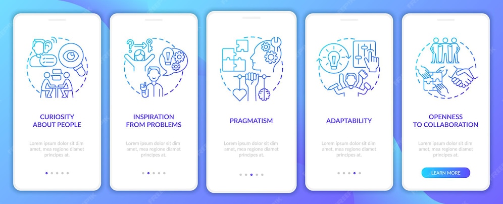 사회적 기업가 정신에는 파란색 그라데이션 온보딩 모바일 앱 페이지 화면이 있습니다 개념이 포함된 5단계 그래픽 지침을 연습합니다 선형 컬러 일러스트레이션이 있는 Ui