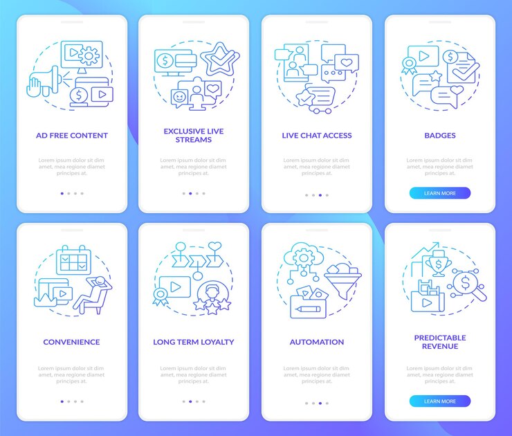 구독 혜택 블루 그래디언트 온보딩 모바일 앱 화면 세트 연습 선형 개념이 포함된 4단계 그래픽 지침 페이지 Ui Ux Gui 템플릿 Myriad Probold 일반 글꼴