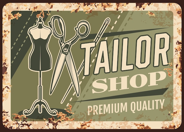 Premium Vector Tailor Shop Metal Plate Rusty Sewing And Dressmaking