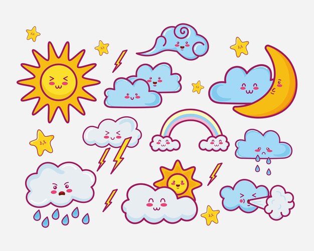 Premium Vector Cute Weather Character Clouds Sun Rainbow And Moon