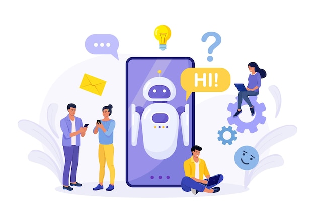 Premium Vector Tiny People Chatting With Chatbot Application On Phone Screen Ai Robot