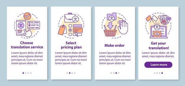 선형 개념으로 모바일 앱 페이지 화면을 온보딩하는 번역 서비스 프로세스 가격 책정 계획을 선택하고 주문 연습 단계를 그래픽 지침으로 만듭니다 아이콘이 있는 Ux Ui