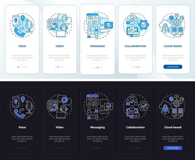 Ucaas 기능 야간 및 주간 모드 온보딩 모바일 앱 화면 서비스 안내 선형 개념이 포함된 5단계 그래픽 지침 페이지 Ui Ux Gui 템플릿 Myriad Probold