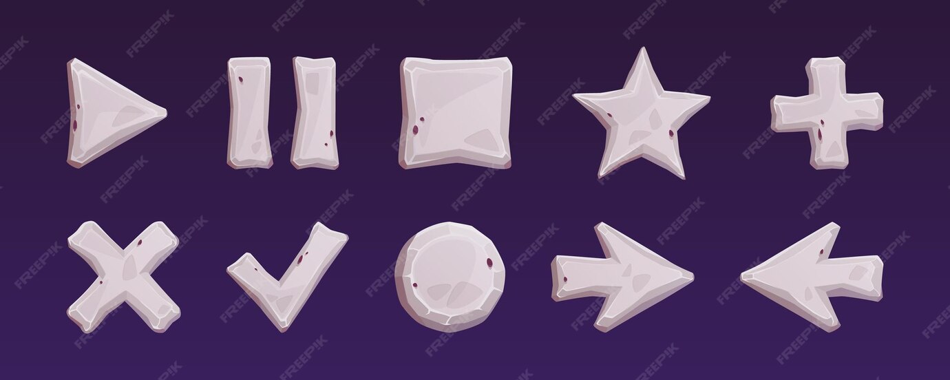 Ui 스톤 텍스처 게임 버튼 프레임 만화 벡터 세트 재생 일시 중지 및 십자 화살표가 있는 모바일 앱 메뉴용 중세 인터페이스 보드 요소 키트 및 격리된 항목 템플릿 컬렉션