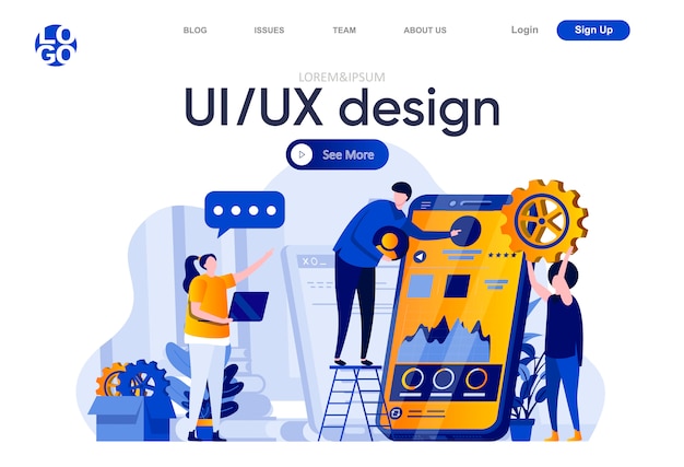 Ui Ux 디자인 플랫 랜딩 페이지 개발자 팀이 함께 모바일 애플리케이션 일러스트레이션의 인터페이스를 만듭니다 사람들이 등장하는 반응 형 디자인 및 유용성 웹 페이지