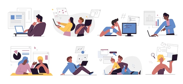 Premium Vector | Web developers people work set designer coder working ...