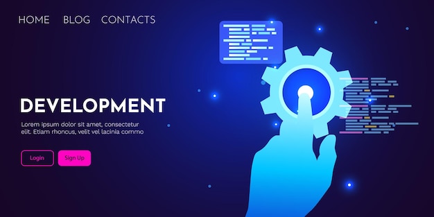 Premium Vector | Web development coding and programming futuristic banner hand touching computer ...