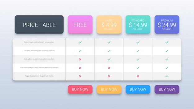 Premium Vector | Web pricing table for business Premium Vector | Web pricing table for business