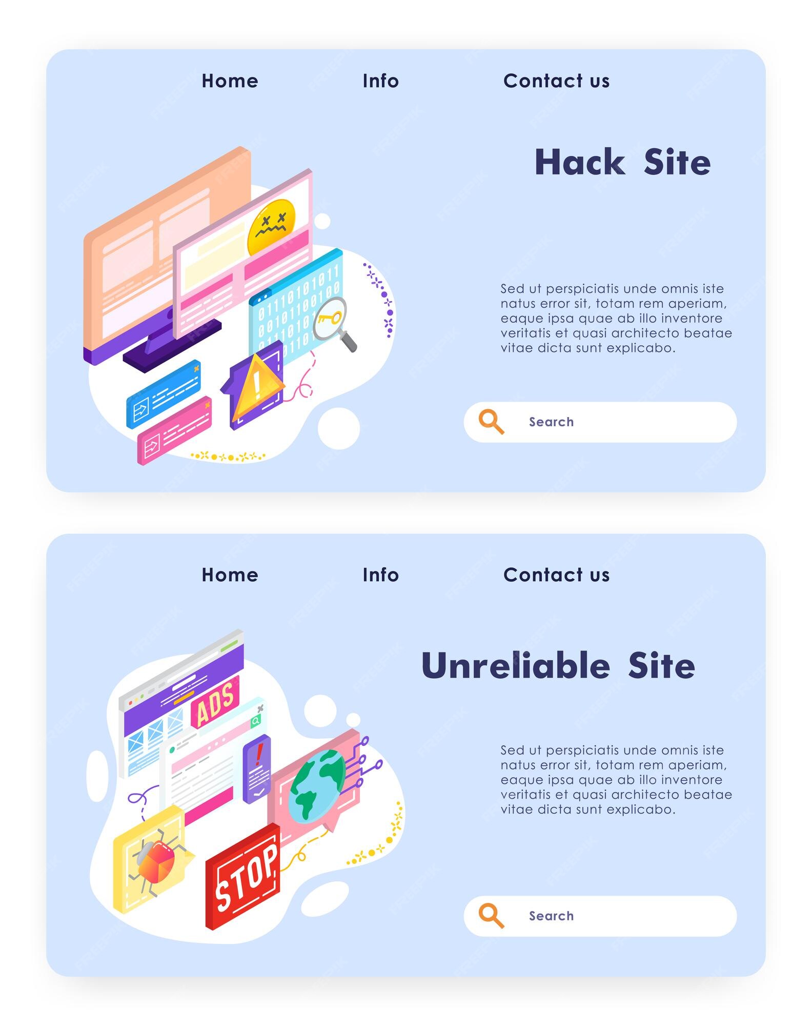 웹사이트 해킹 공격 사이버 보안 기술 신뢰할 수 없는 사이트 컴퓨터 버그 벡터 웹 사이트 디자인 프리미엄 벡터
