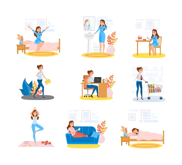 Premium Vector | Woman daily routine set. female character doing Premium Vector | Woman daily routine set. female character doing