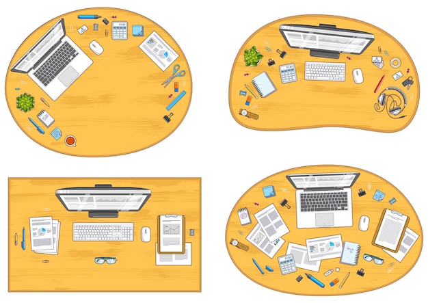Pc 또는 노트북이 있는 업무용 책상 작업 공간 평면도와 테이블에 있는 다양한 문구류 및 분석 문서가 위에서 보입니다 모든 요소는 개별적으로 사용하기 쉽습니다 벡터