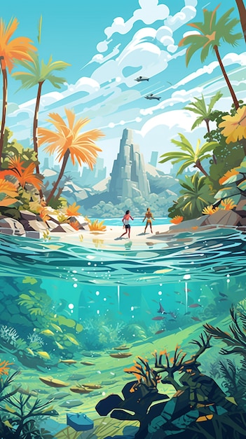 Paysage de dessin animé d'une île tropicale | Image générée à base d’IA Paysage de dessin animé d'une île tropicale | Image générée à base d’IA