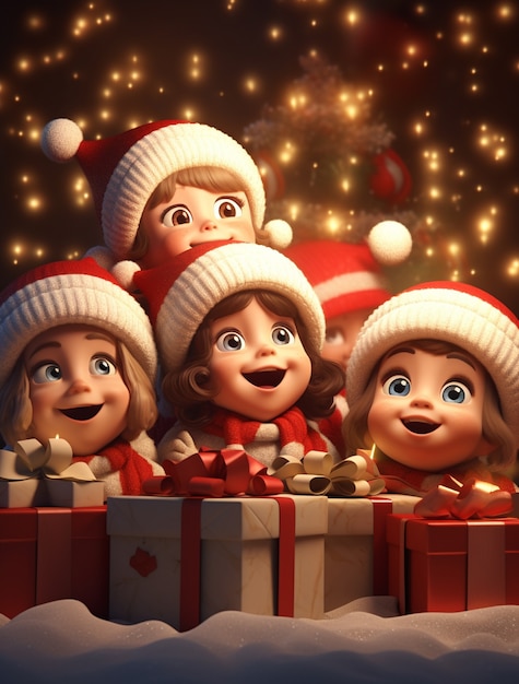 Portrait De Jeunes Enfants De Style Dessin Animé Célébrant Noël Photo