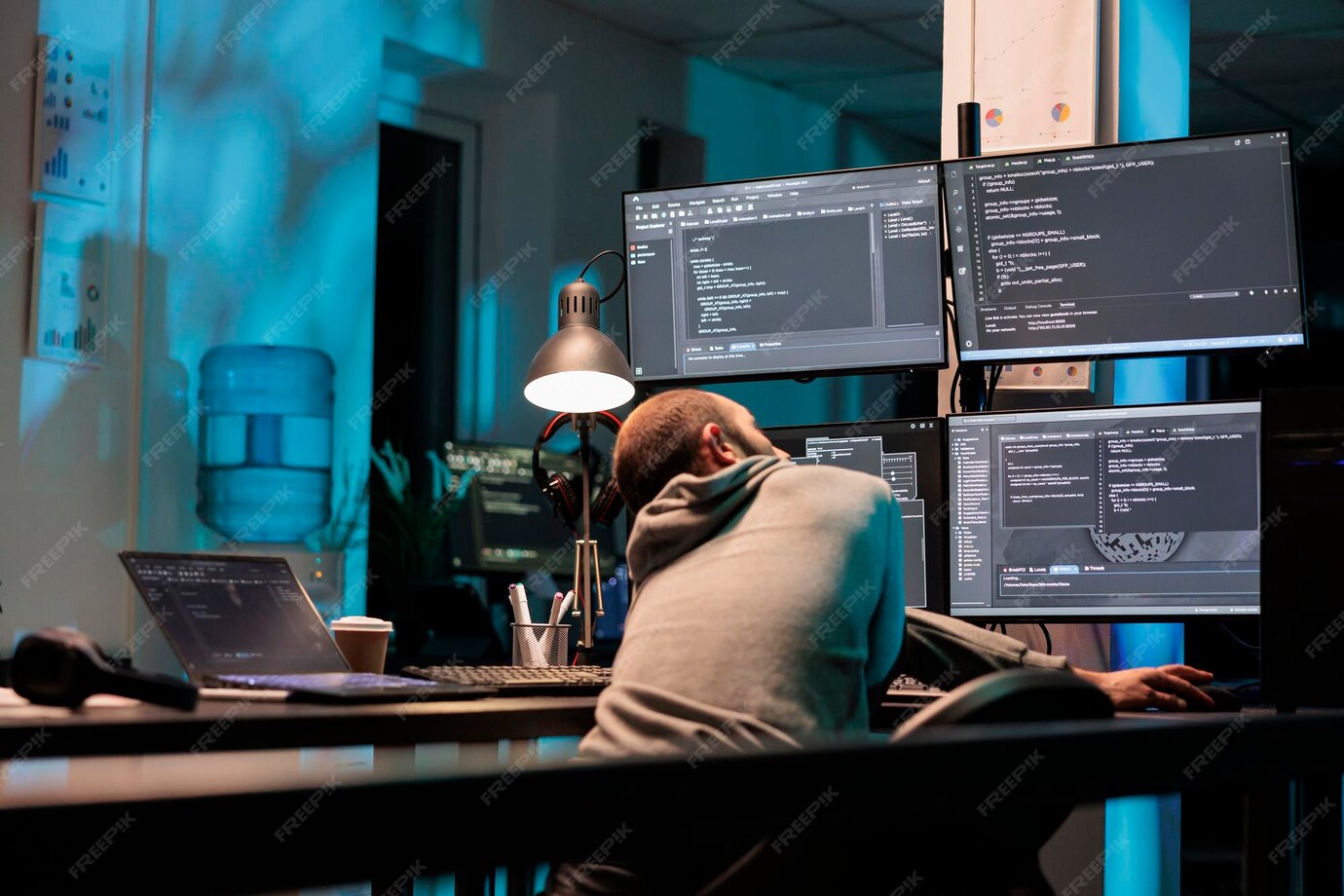 Administrateur De Base De Données Tapant Le Code De Programmation Sur Ordinateur Avec Plusieurs