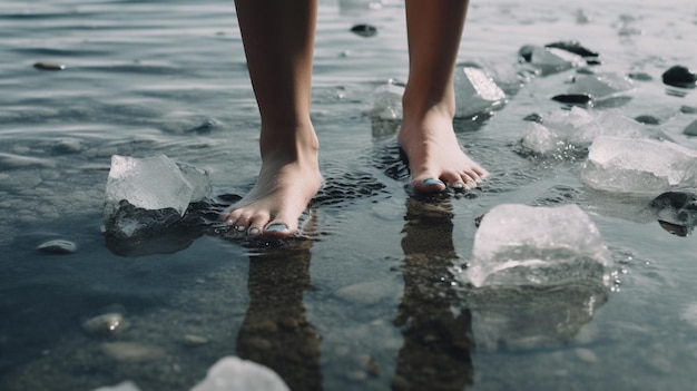 Une Femme Se Tient Dans Un Lac Avec De La Glace Sur Ses Pieds Ai ... Une Femme Se Tient Dans Un Lac Avec De La Glace Sur Ses Pieds Ai ...