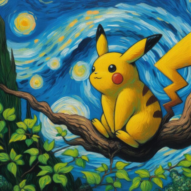 Peinture D'un Pikachu Dans Le Style De Van Gogh Assis Sur Une Branche D ... Peinture D'un Pikachu Dans Le Style De Van Gogh Assis Sur Une Branche D ...