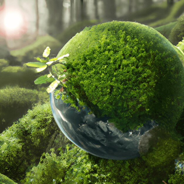 Terre Avec Plusieurs Arbres Et Plantes Globe Verre Sur Mousse Verte
