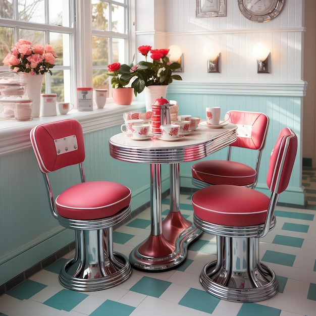 Premium AI Image | 1950s dinerinspired room checkered patterns retro ... Premium AI Image | 1950s dinerinspired room checkered patterns retro ...