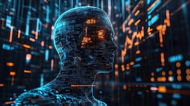 27 Binary Code Cascading Into A Robot S Head While Stock Charts Are Projected Around It Ai Data