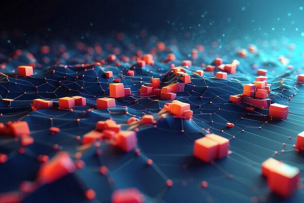 3d Abstract background with dashed lines connecting dots of poly cube and defocus Analytics ...