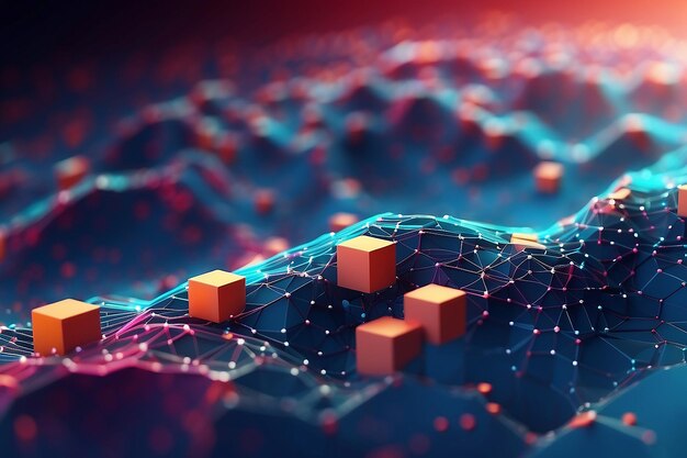 3d Abstract background with dashed lines connecting dots of poly cube and defocus Analytics ...