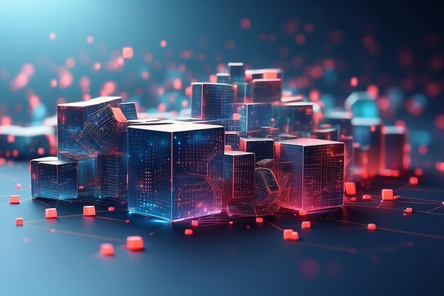 3d Abstract background with dashed lines connecting dots of poly cube and defocus Analytics ...
