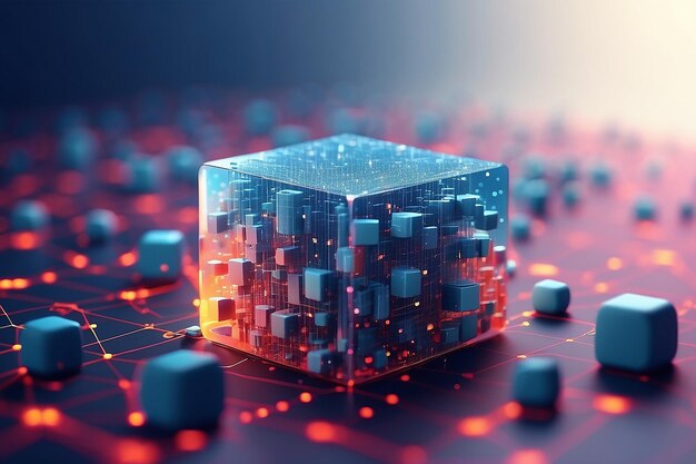 3d Abstract background with dashed lines connecting dots of poly cube and defocus Analytics ...